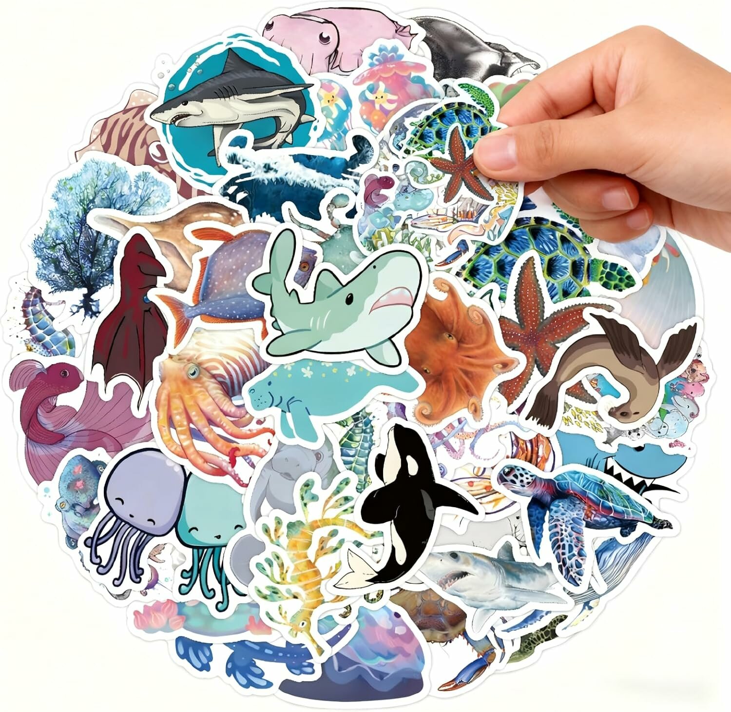 Набор милых наклеек Tivleed, красивые наклейки, наклейки для путешествий - 50 наклеек с морскими обитателями, водонепроницаемый виниловый материал, подходит для бутылок с водой, ноутбуков и чемоданов, подходит для детей, подростков и взрослых.