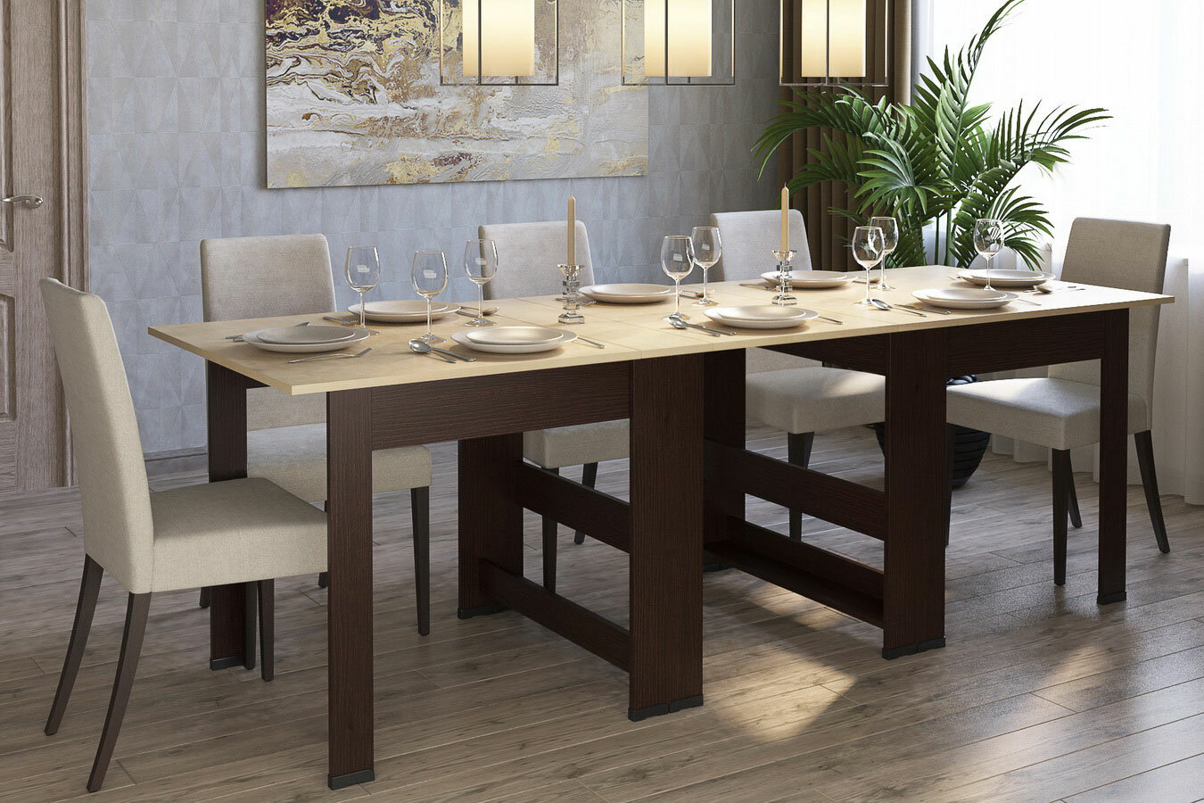 Стол-книжка раскладной 260 см с прямыми углами и деревянными ножками МагМебель №17 венге, дуб молочный