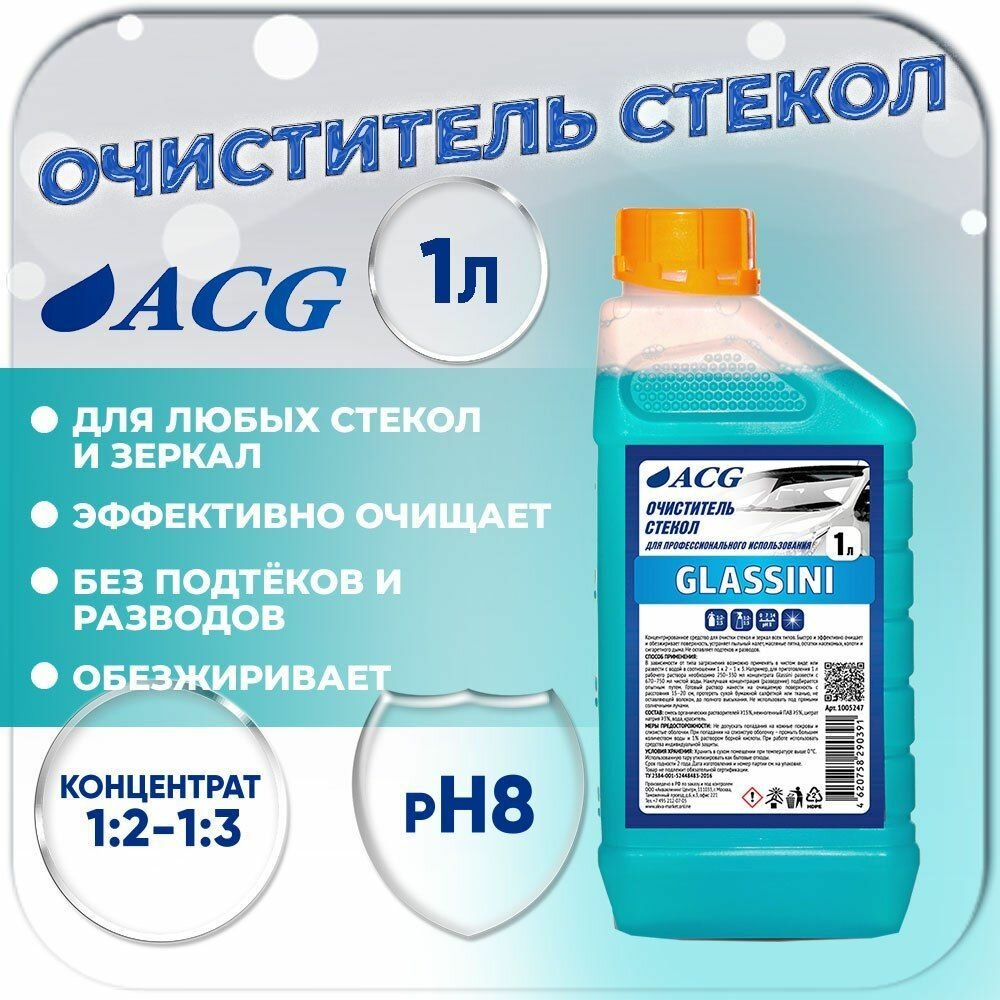 Средство для стекол 1 л GLASSINI/ стеклоочиститель для окон/ средство для мытья окон ACG