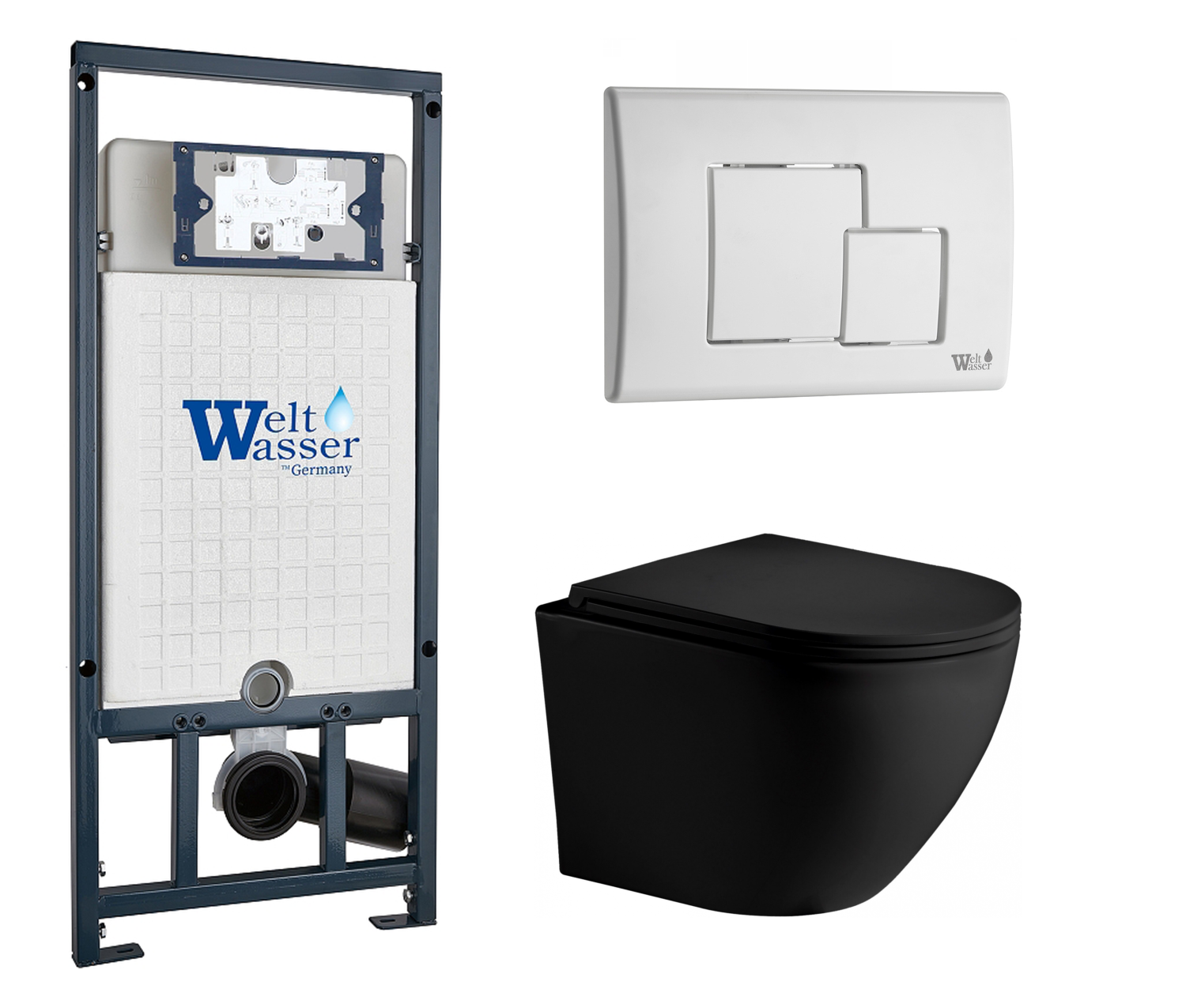 Комплект 3 в 1 инсталляция WeltWasser WW Marberg 507 + Унитаз подвесной Weltwasser WW Merzbach 043 MT-BL черный с кнопкой белой SE 10000005949 + 10000010237 + 10000008255