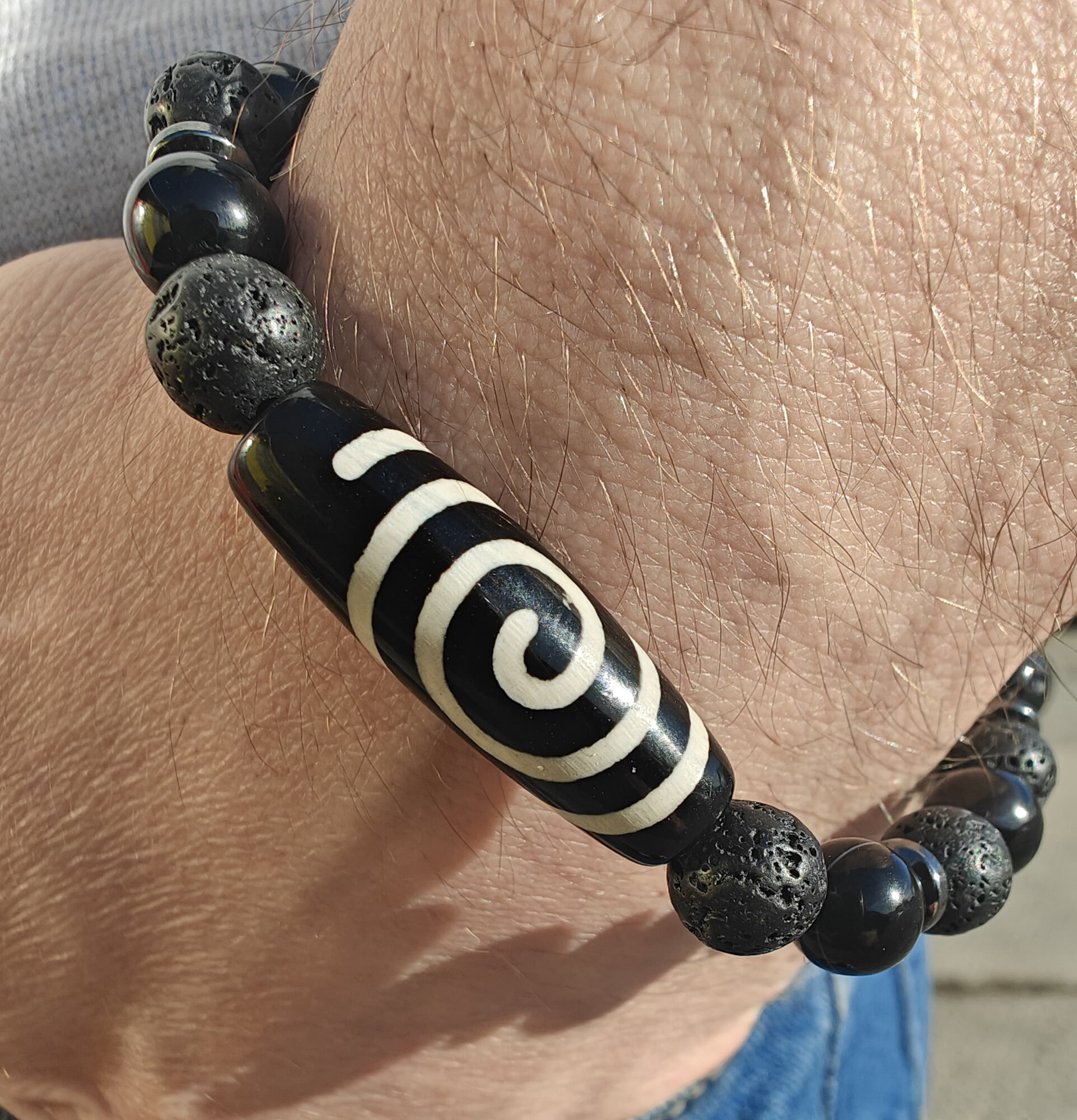 Браслет, гематит, вулканическая лава, агат