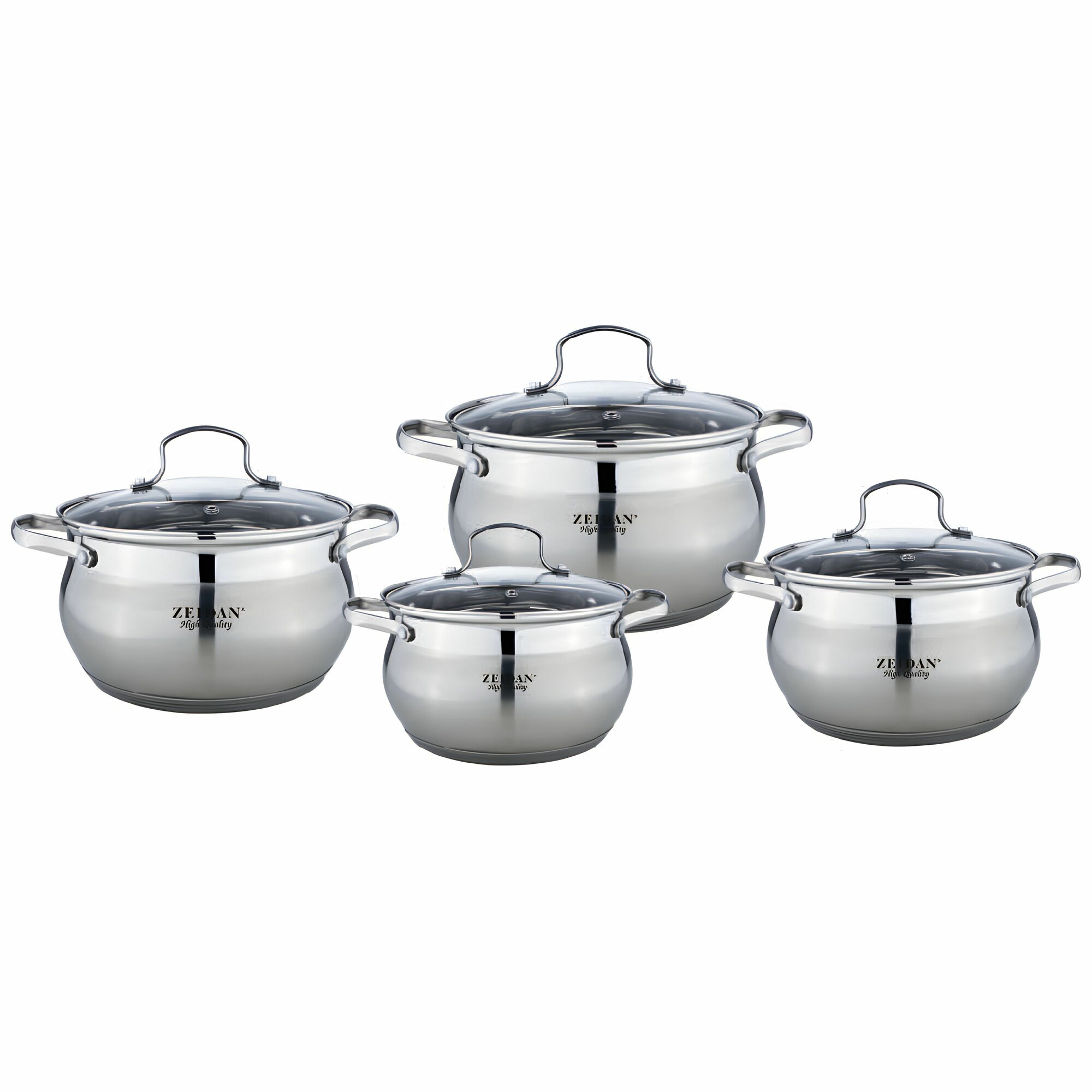 Набор кастрюль 2.1 л, 3 л, 4 л, 6.7 л нержавеющая сталь со стеклянной крышкой, для индукционных плит Zeidan, нержавейка 2.1 литра для газовой плиты