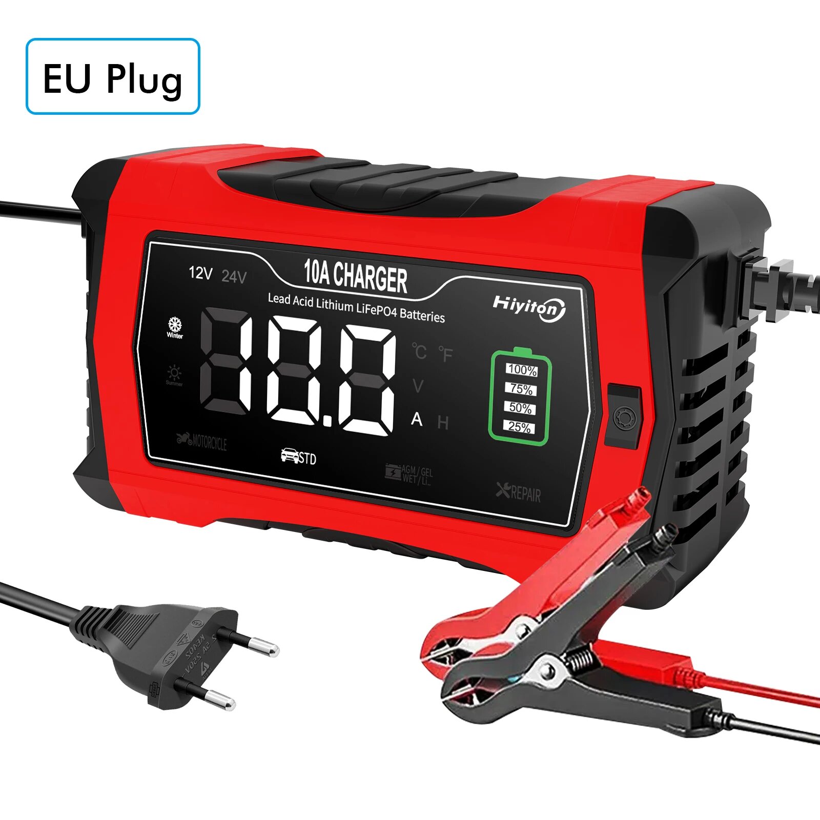 Автомобильное зарядное устройство Hiyiton 12 В 24 В 10 А для AGM GEL WET свинцово-кислотных литиевых аккумуляторов LiFePO4 Smart Fast Charging Pulse Repair 12V 24V 10A Red-EU