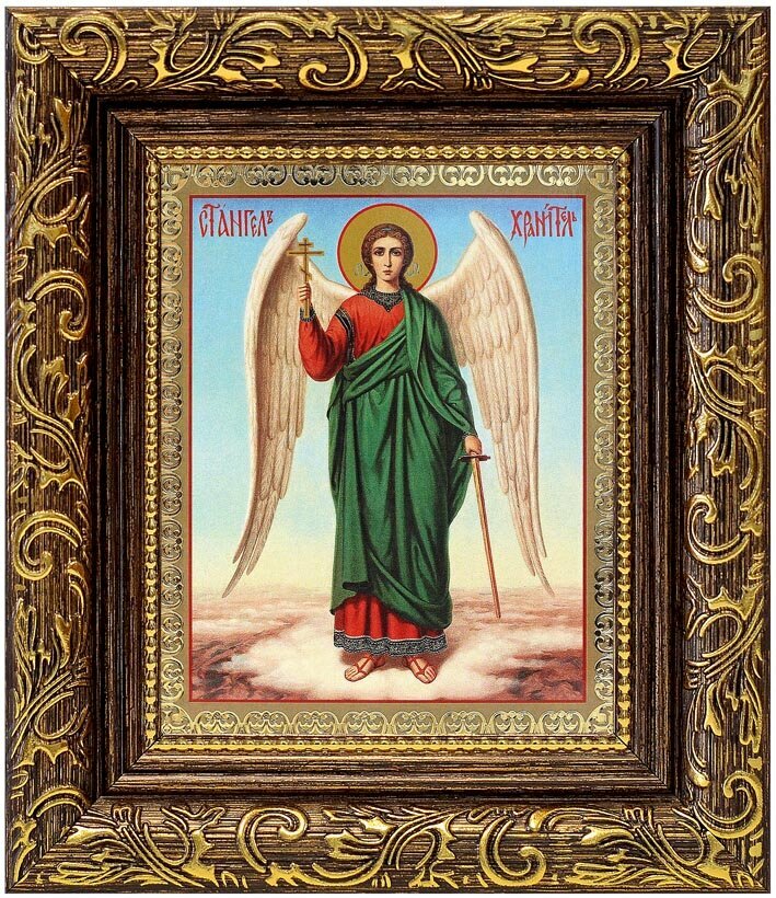 Ангел Хранитель (лик № 072), икона в широкой темной пластиковой рамке 14,5*16,5 см