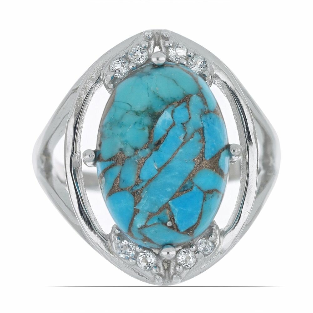 Кольцо, серебро, 925 проба, родирование, бирюза, топаз