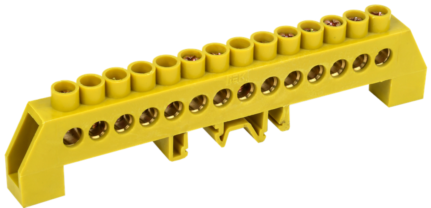 Шина IEK / ИЭК ШНИ-8х12-14-КС-Ж PE земля в комбинированном DIN изоляторе Стойка, латунь, 146×34.5×25мм, 125А, YNN10-812-14DP-K05 / соединитель проводов