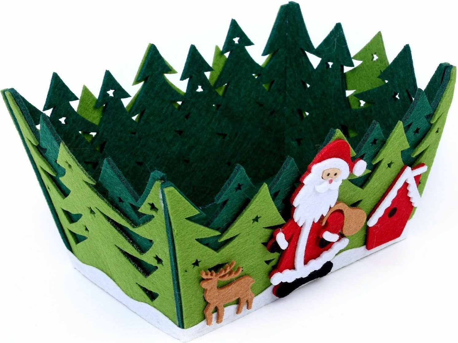 Декоративная новогодняя корзинка "Дед Мороз в лесу" из фетра под елку или на стол, декор для праздничного интерьера, размер 20х15х11 см