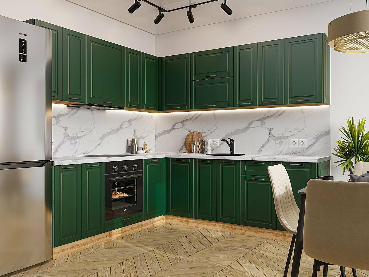 Кухня угловая без столешницы Дублин-02 Готовый кухонный гарнитур 2140*2200-2400*600 Special Green