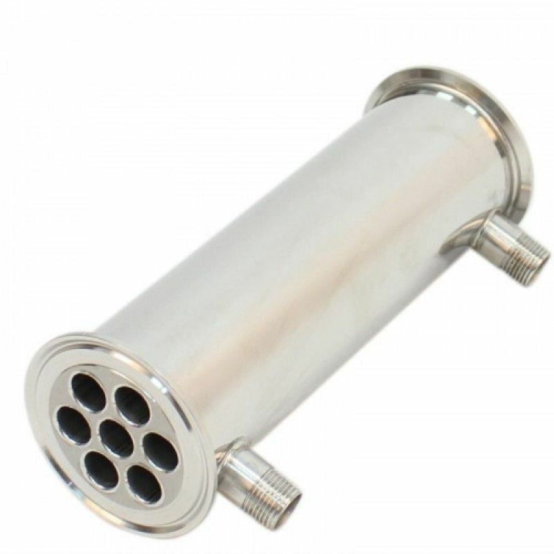 Дефлегматор кожухотрубный под кламп 2 дюйма / холодильник для самогонного аппарата дистиллятора длина 200 мм, 7 трубок штуцер с резьбой 1/2, нержавеющая сталь.