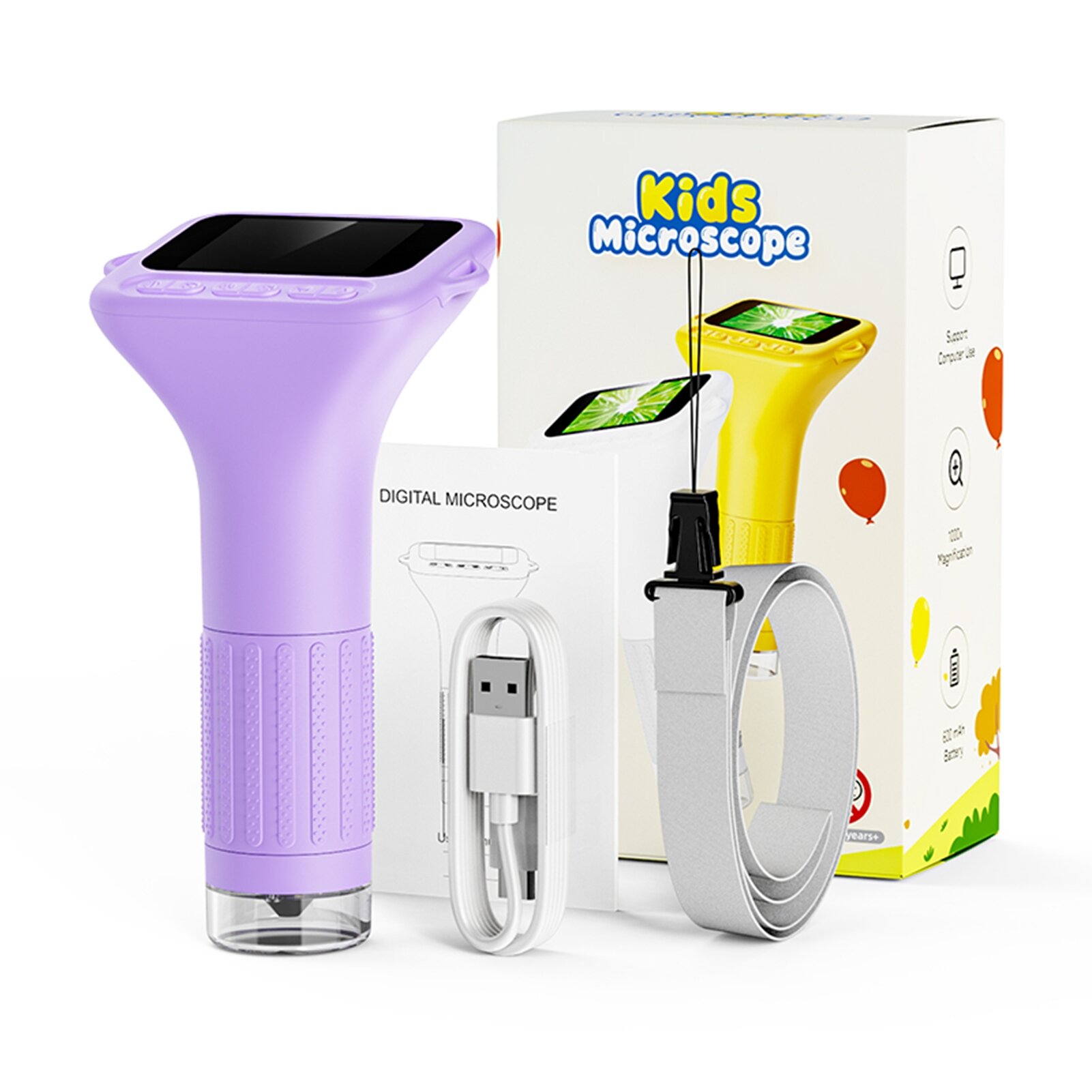 Детский цифровой ручной микроскоп 2 дюйма с 8 светодиодами, 100-1000-кратным увеличением, ручной фокусировкой, миниатюрный, портативный, карманный, забавная, развивающая научная игрушка для мальчиков и девочек, фиолетовый.
