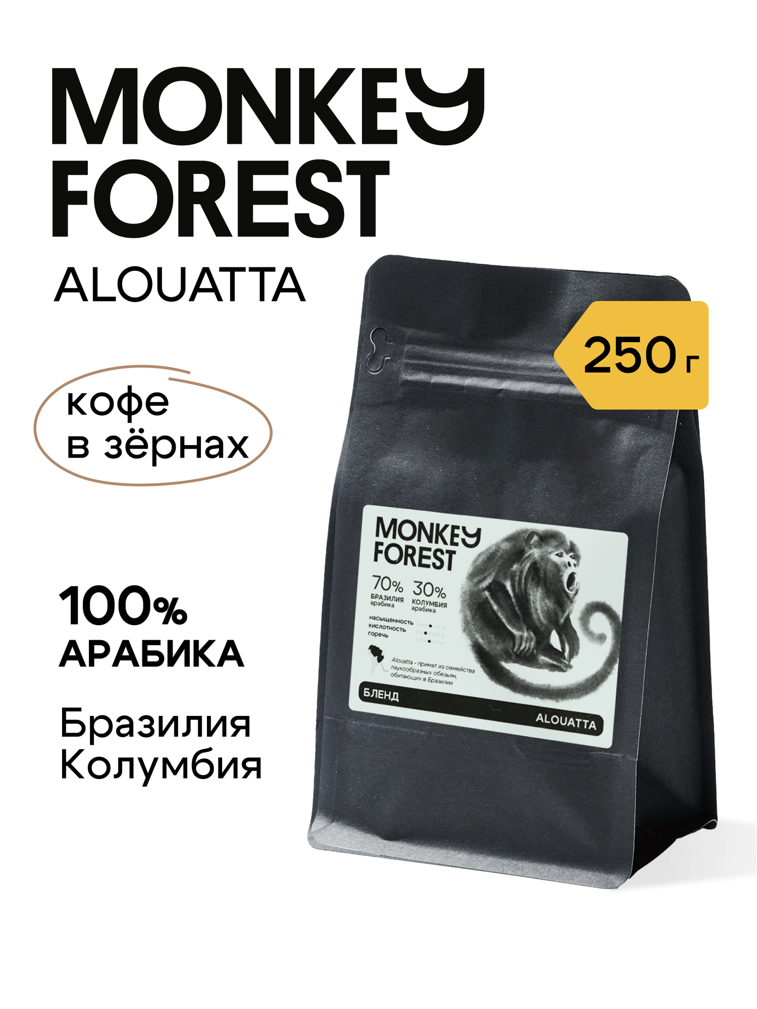Кофе в зернах Monkey Forest Alouatta 100% арабика 250 гр - средняя обжарка