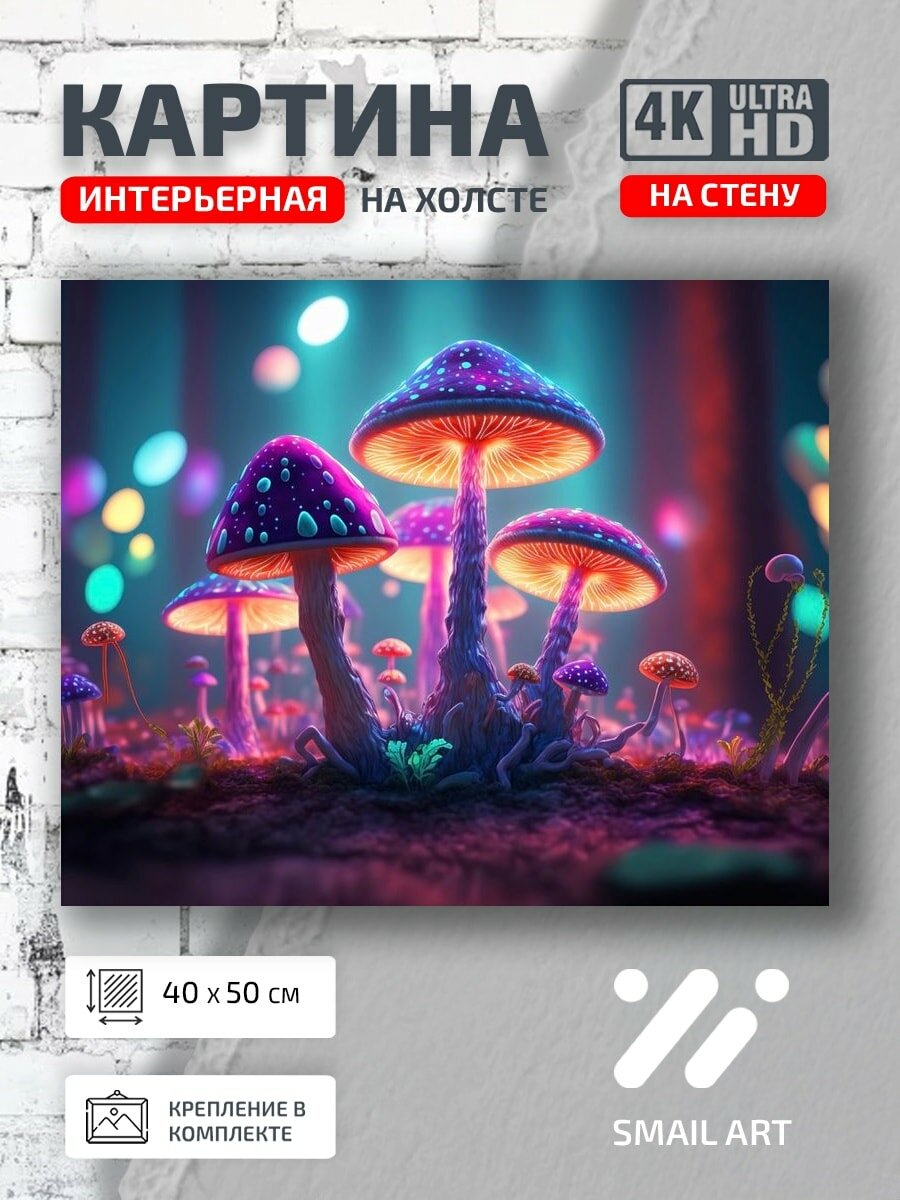 Картина на холсте интерьерная 40 на 50 на стену Грибы разноцветные для студии атмосфера