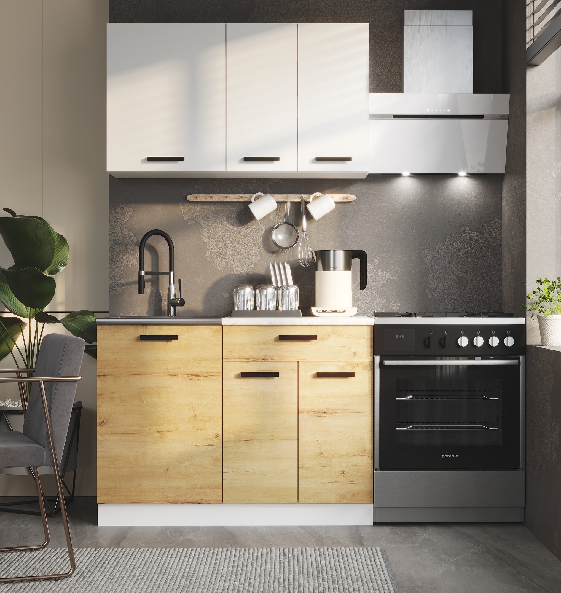 Кухня Хозяюшка 1,1м (столешница в к-те Калаката), Белый/Дуб вотан