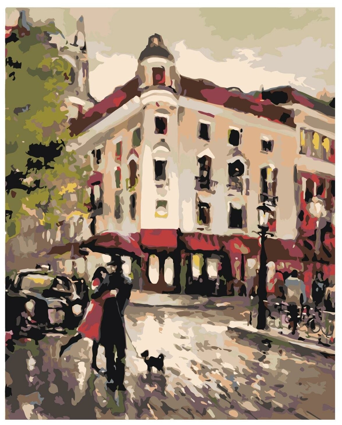 Картина по номерам, "Живопись по номерам", 48 x 60, BH14, Влюблённые, дождь, здания, зонт, романтика, пейзаж