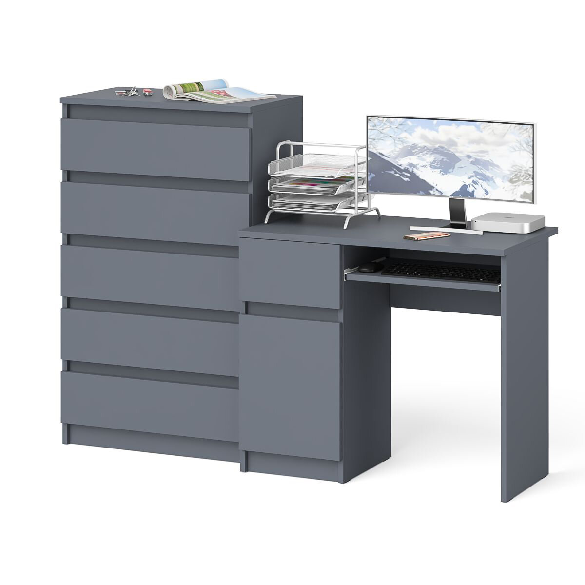Стол компьютерный дверка и ящик слева СВК Мори МС-1 и высокий комод 5-ть ящиков цвет графит, 160,4х50х114 см.