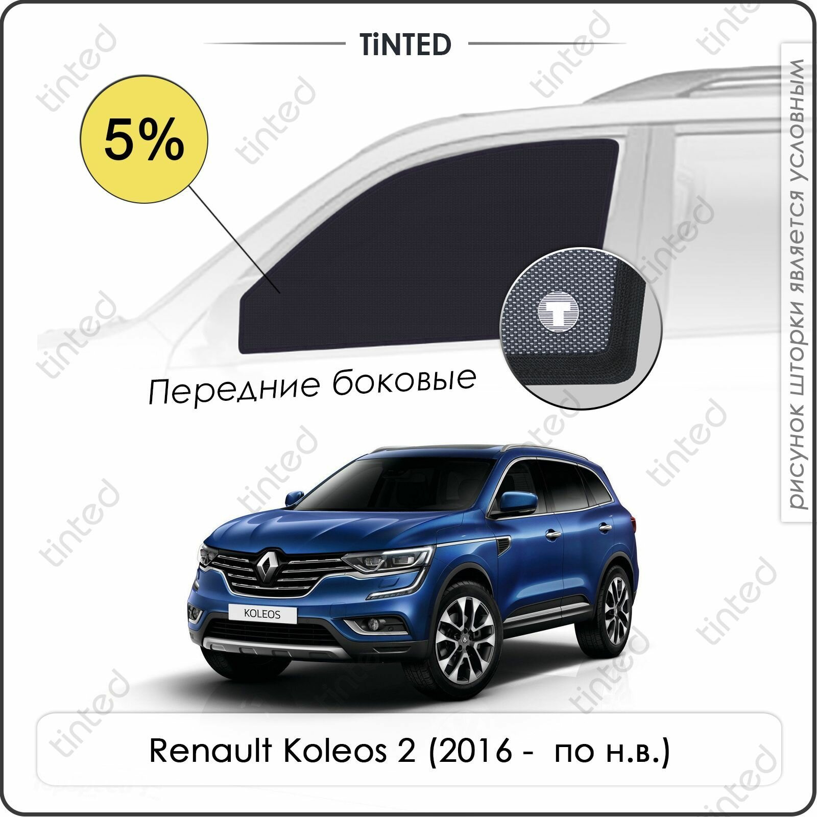 Шторки на автомобиль солнцезащитные Renault Koleos 2 Кроссовер 5дв. (2016 - по н. в.) на передние двери 5%, сетки от солнца в машину рено колеос, Каркасные автошторки Premium
