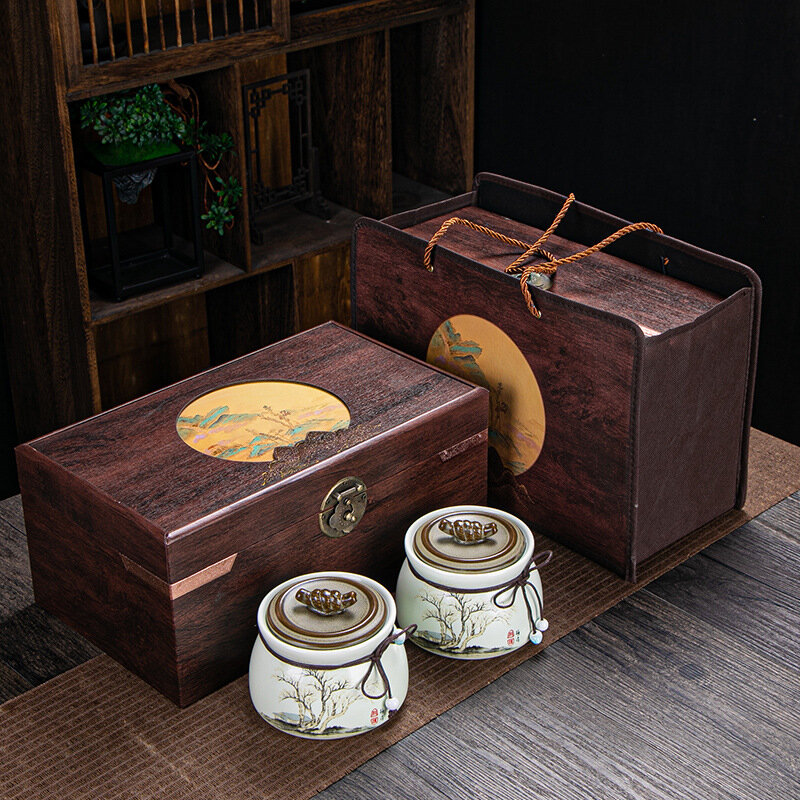 Элитная упаковочная коробка для чая, пустая подарочная коробка, керамическая чайная банка, герметичная банка, деревянная упаковка, зеленый чай Лунцзин, белый чай, пол фунта.