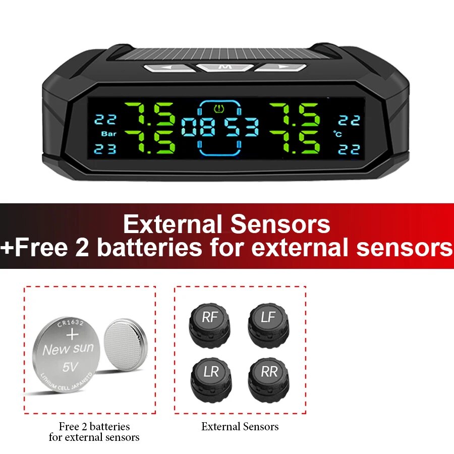 Солнечная TPMS автомобильная система контроля давления в шинах, температура в шинах, цифровой дисплей, системы автоматической охранной сигнализации с 4/6 датчиками, 8 бар 4 External Sensor