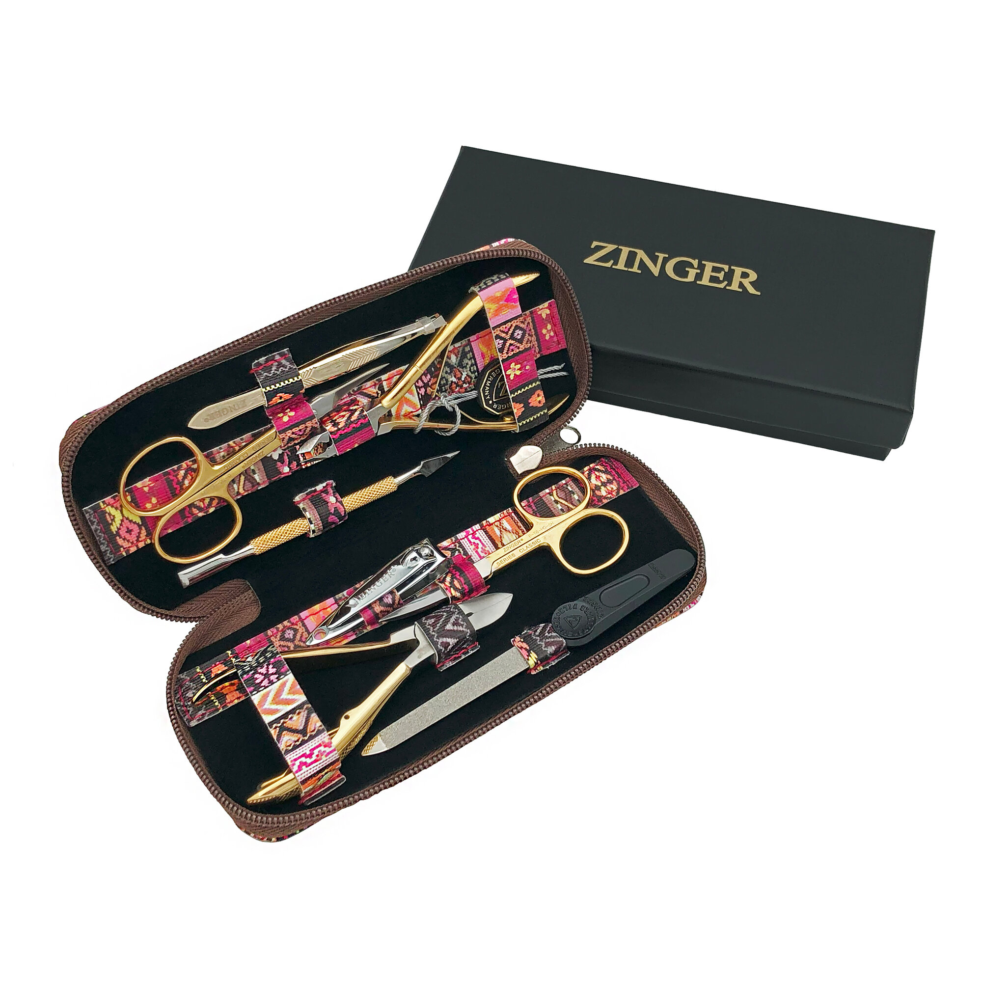 Маникюрный набор Zinger 7106 G, 8 предметов, медицинская сталь, позолоченный/орнамент