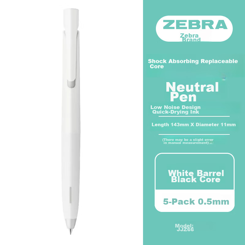 ZEBRA Brand Stationery Award-Winning Gel Pen, 0.5mm Bullet Tip, Retractable Signing Pen, BLen Quick-Drying Shock-Absorbing Exam Pen, JJZ66, White Barrel with Black Ink, 5-Pack