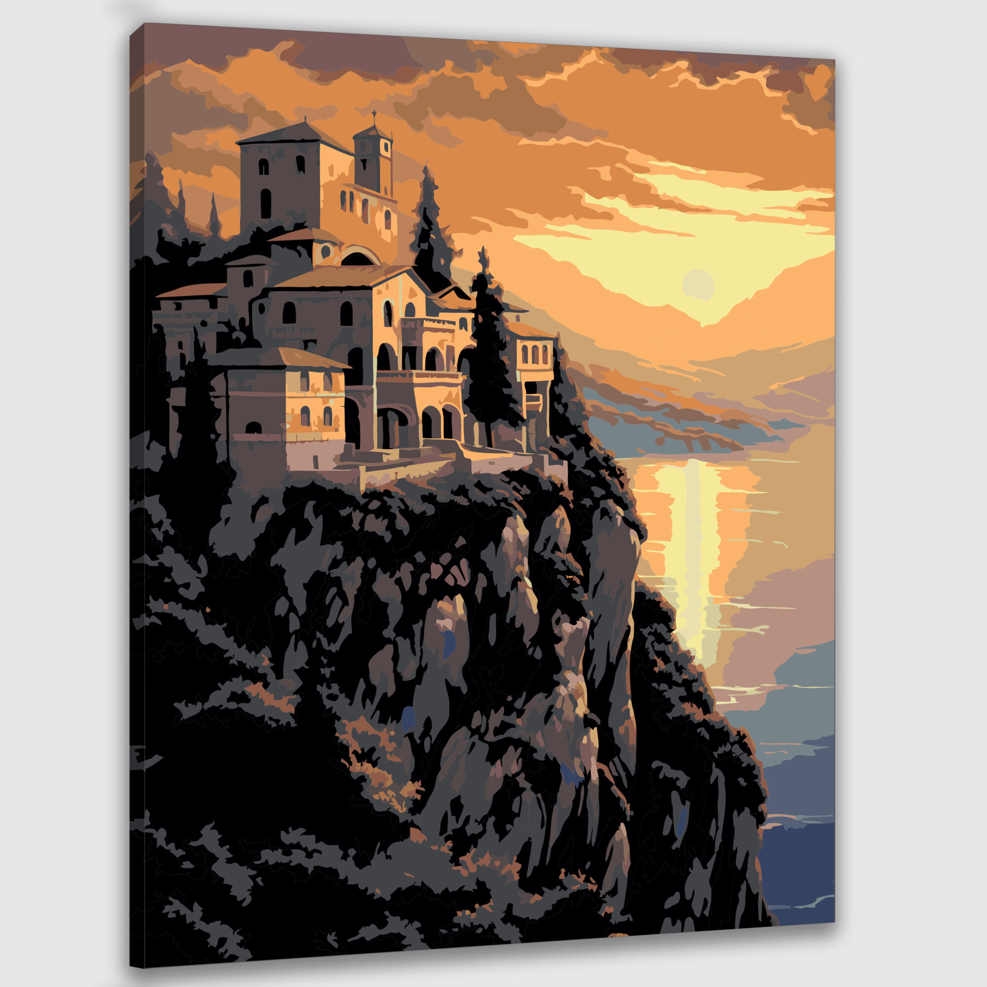 Картина по номерам 40x50 см, картина, масло, Святая Гора Афон, скалы, монастыри, пышная зелень, восход солнца, покой