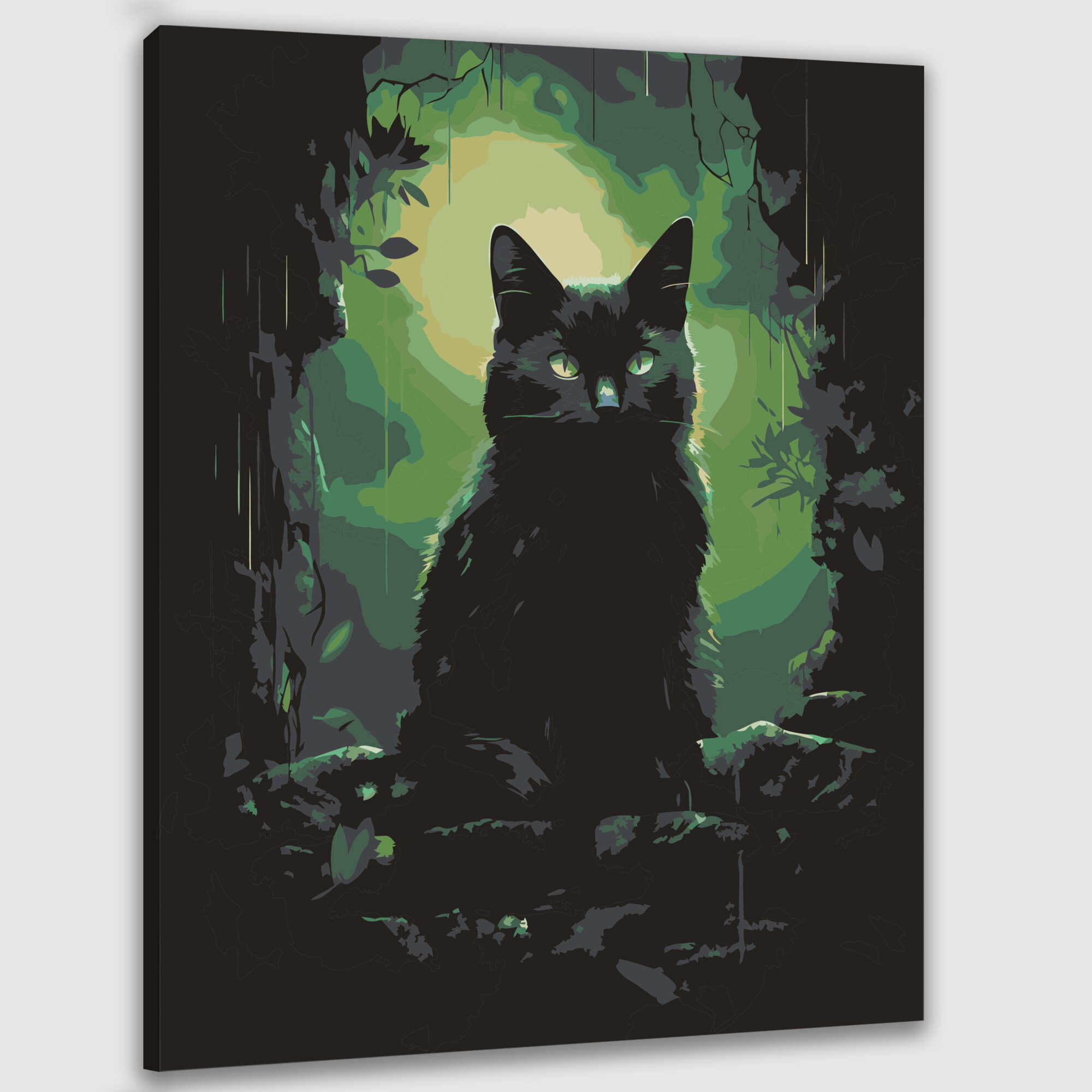 Картина по номерам 40x50 см, цифровая картина, черная кошка, зеленые глаза, гладкий мех, каменная стена, покрытая мхом