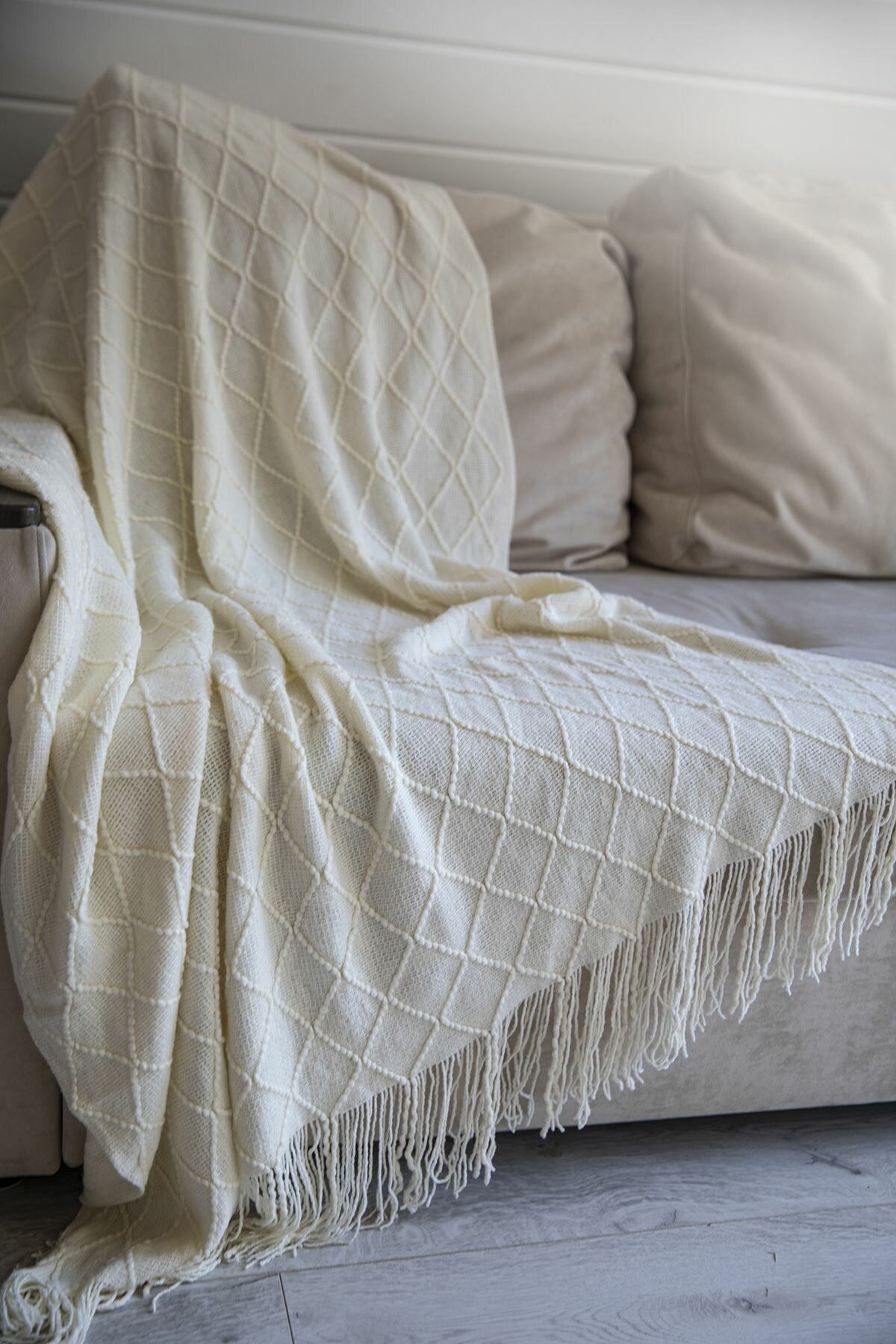 Плед DAO HOME SCANDI, акрил, вязаный, с бахромой, 1.5-спальный, белый