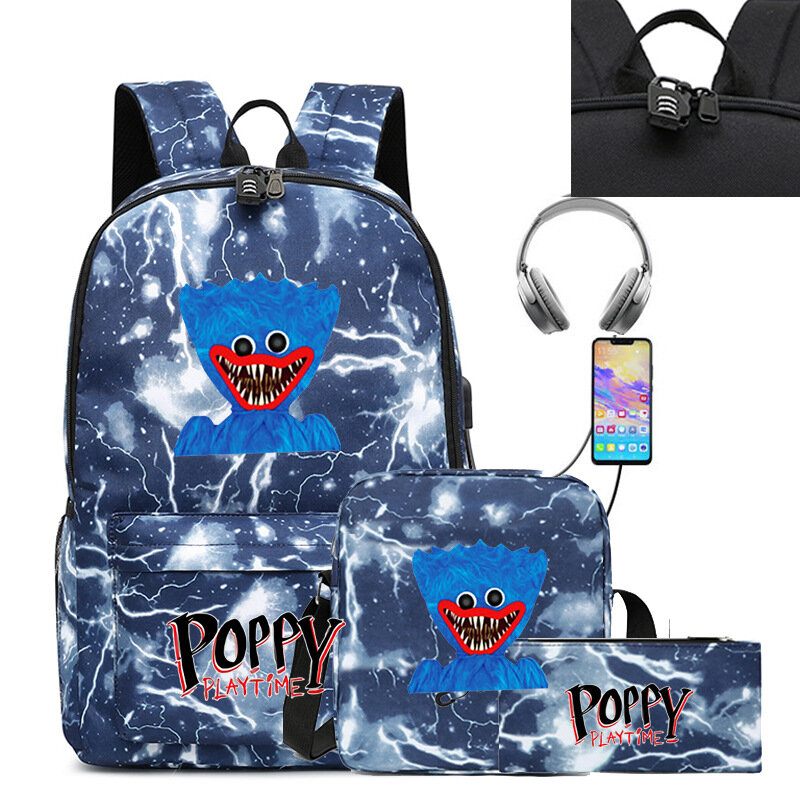 Poppy playtime студенческая школьная сумка из трех предметов Poppy playtime зарядка холст мужской и женский рюкзак
