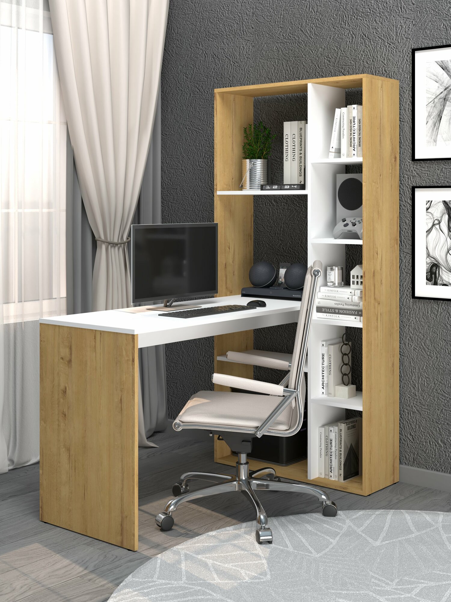 Есэндвич Лаворо 13 Компьютерный стол со стеллажом 130х170х80 см (Белый/Дуб бунратти)