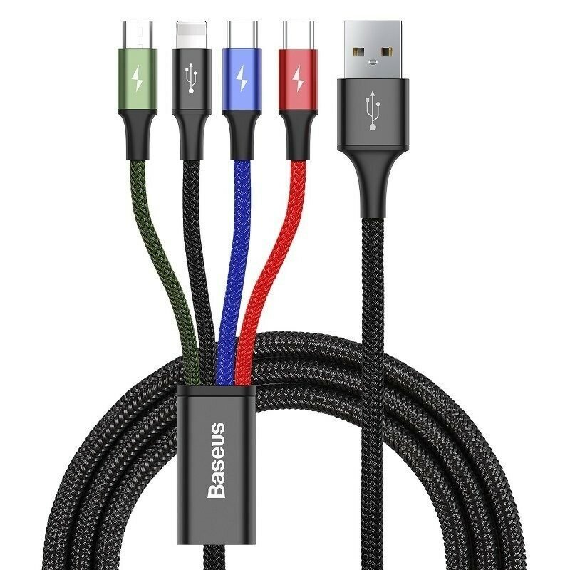 USB-кабель Baseus CA1T4-B01, 4-в-1, 2Type-C/Apple/Micro, ткань, 1.2 м, круглый, разноцветный, фирменная упаковка
