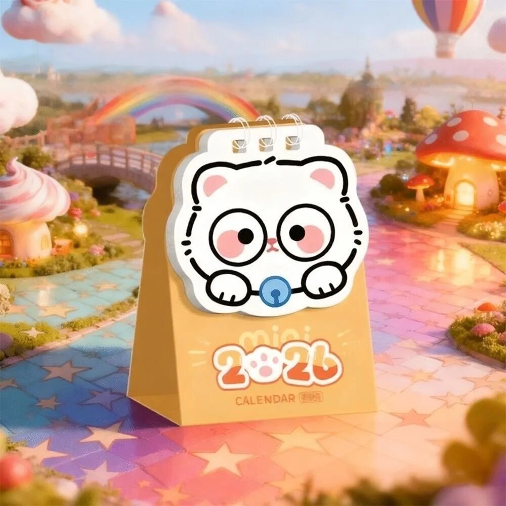 Милый мини-настольный календарь 2026, портативный мультяшный кот, катушка, календарь, расписание, календарь, украшения, аксессуары для офисного стола