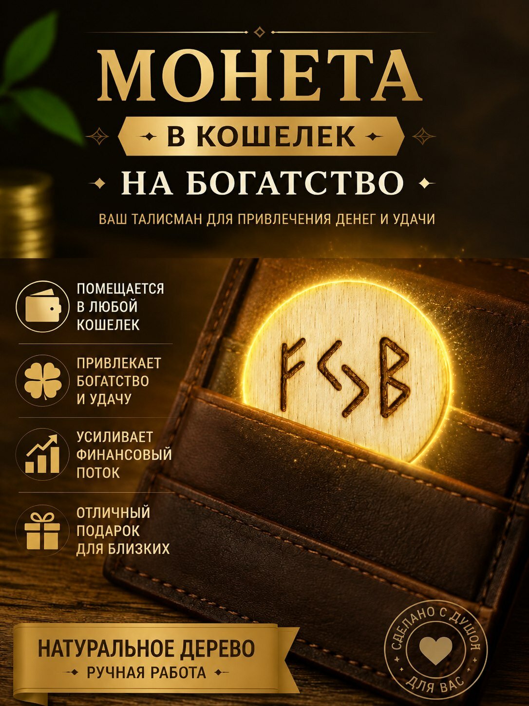 Руническая монета в кошелек, амулет руны Феху Йера Беркана - рунический став на прибыль и рост, талисман на деньги оберег от потерь, денежный рост. Амулет на деньги