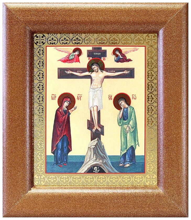 Распятие с предстоящими, икона в широкой деревянной рамке 14,5*16,5 см