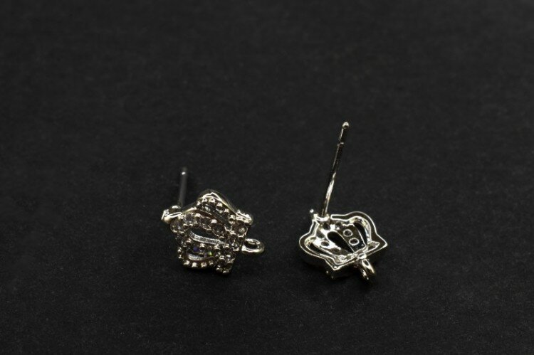 Гвоздики основы для серег Корона 9х13х0,6мм, отверстие 1мм, цвет платина, латунь/цирконий, 21-236, 1 пара