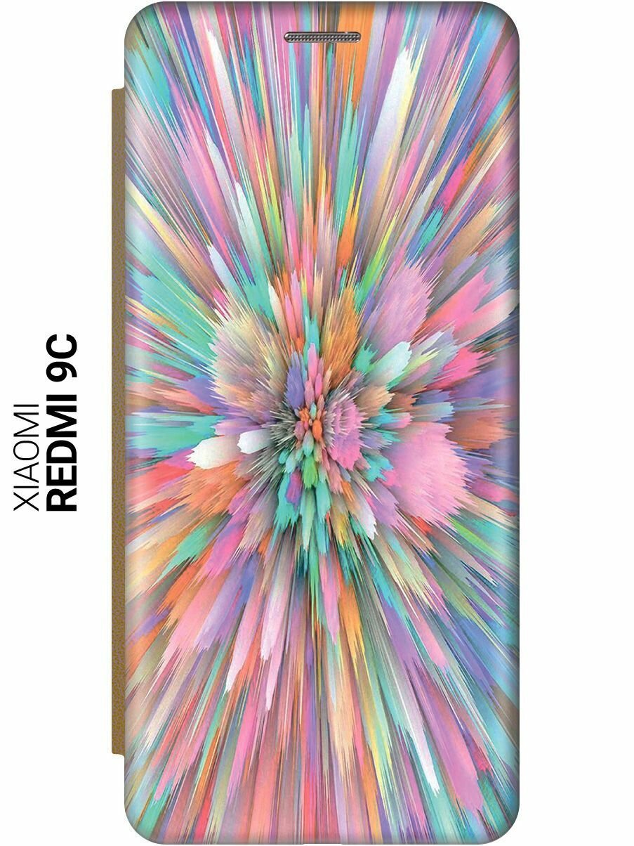 Чехол-книжка на Xiaomi Redmi 9C, Сяоми Редми 9С c принтом "Красочный взрыв" золотистый