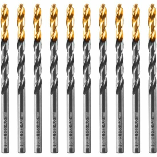 Сверло по металлу Denzel 4,8 мм, HSS-Tin, Golden Tip, 10 шт, , 717212