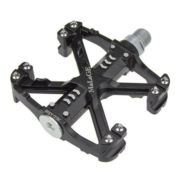 Педали mlg-AX08 алюминиевые, 91х81х22мм, ось CrMo, 1 шариковый подшипник + 1 подшипник скольжения, сменные шипы, вес 360г чёрные, в торг. уп
