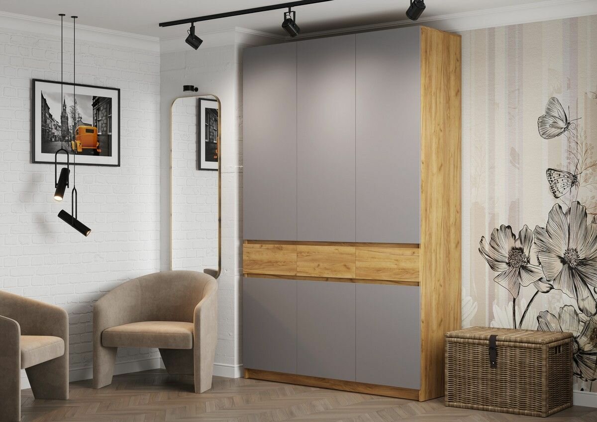 Шкаф для одежды распашной с полками Дуб Крафт Золотой/Серый Шифер, 150х51х236 см