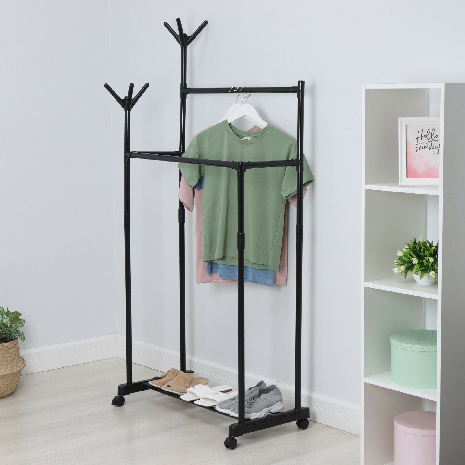 Вешалка - стойка напольная для одежды LaDоm, с полкой для обуви, двойная, 80×42×156 см, чёрная