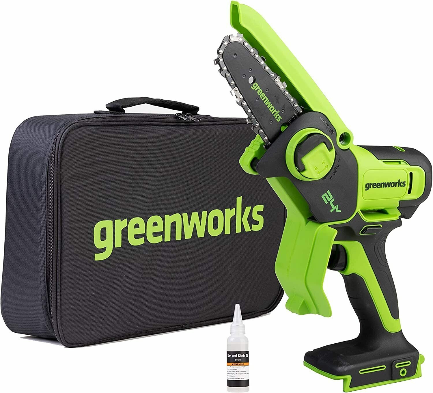 Цепная мини-пила / сучкорез аккумуляторный Greenworks GD24CSMNX 24V, длина шины 15 см, в комплекте сАКБ и ЗУ