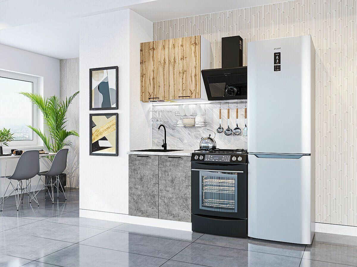 Готовый кухонный гарнитур кухня 0,8 метра без столешницы Флэт-03 2340*800*600 Wotan Oak 2S, Temple Stone 2S