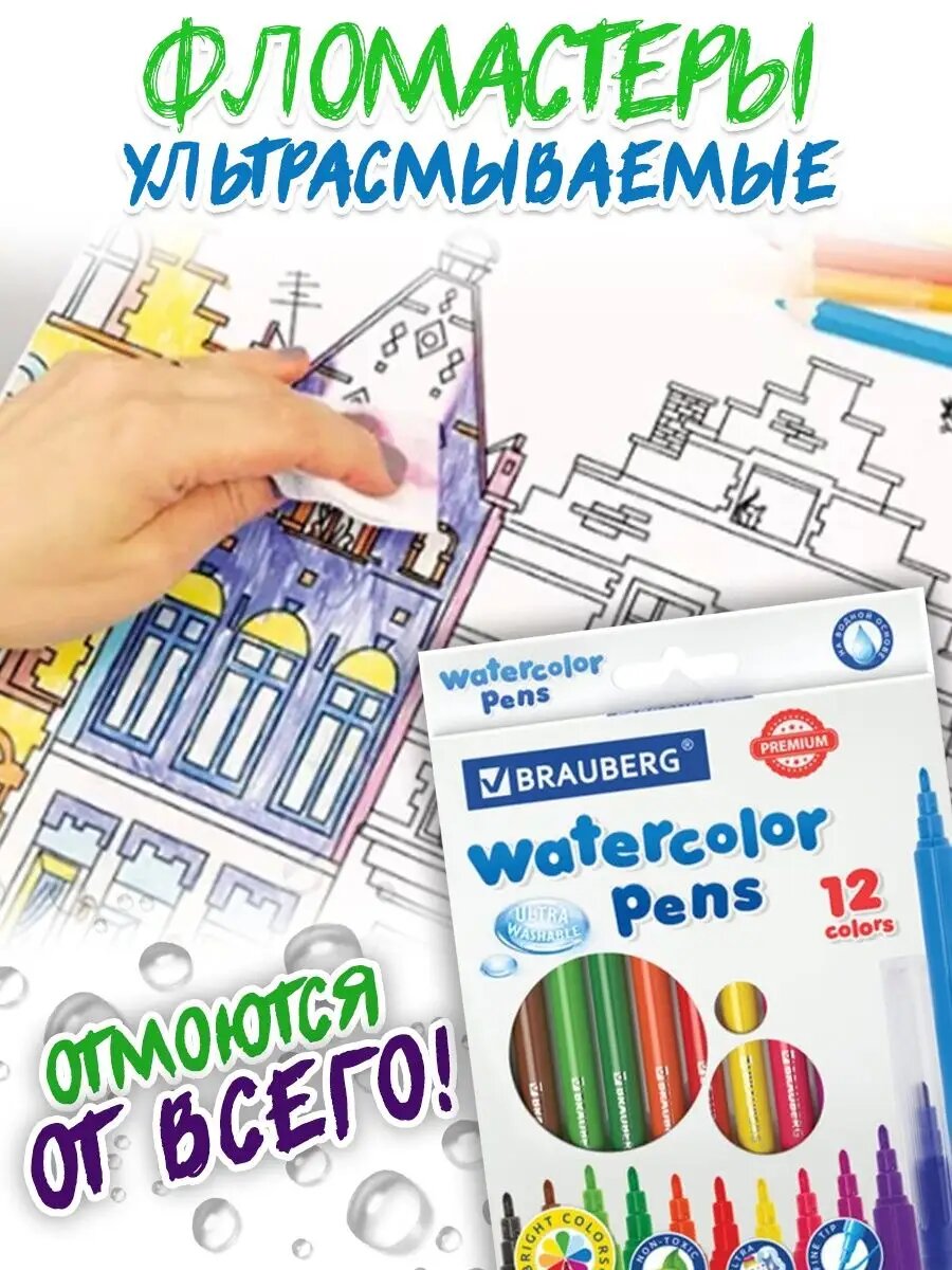 Набор фломастеров Brauberg "Premium", на водной основе, ультрасмываемые, линия письма 2 мм, 12 цветов
