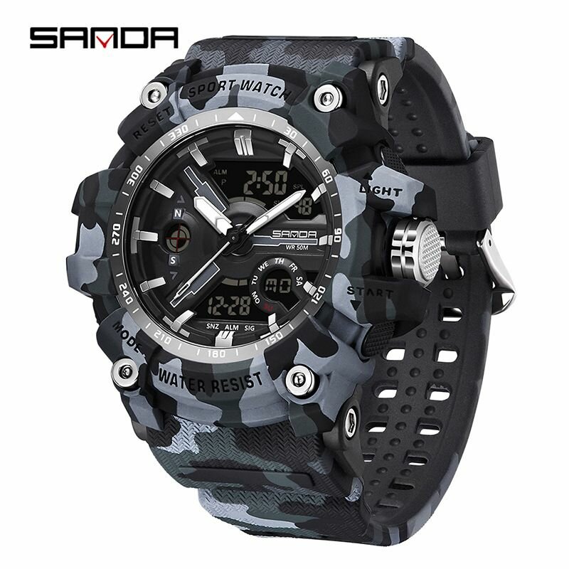 Наручные спортивные часы, асинхронное аналоговое и электронное время, с будильником, календарем и секундомером, SANDA
