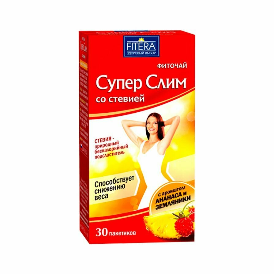 FITERA Чай травяной Супер Слим со стевией Ананас и Земляника, 30 пакетиков по 2 г