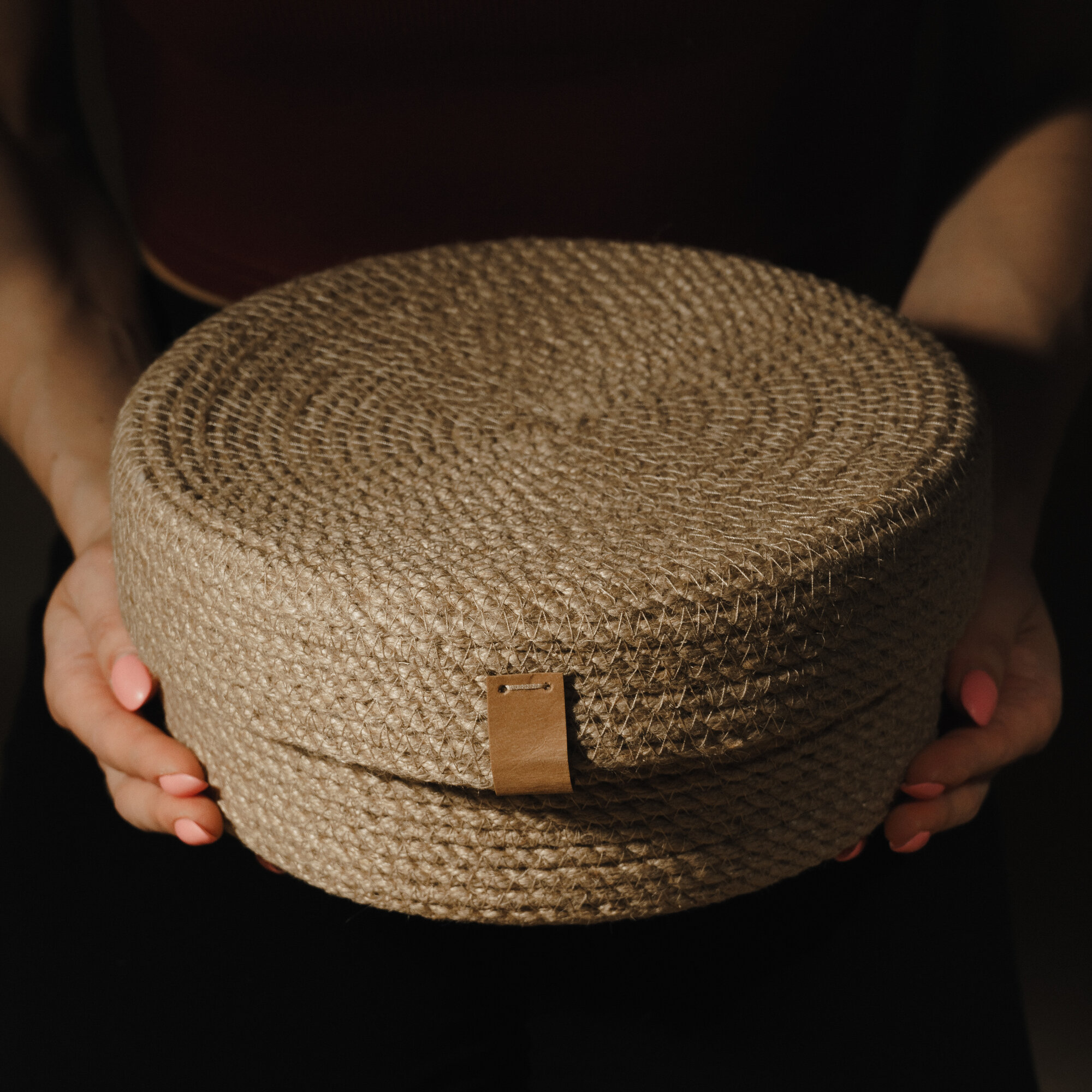 Джутовая корзина, ручная работа, с крышкой, круглая, бежевая, 23х10 см