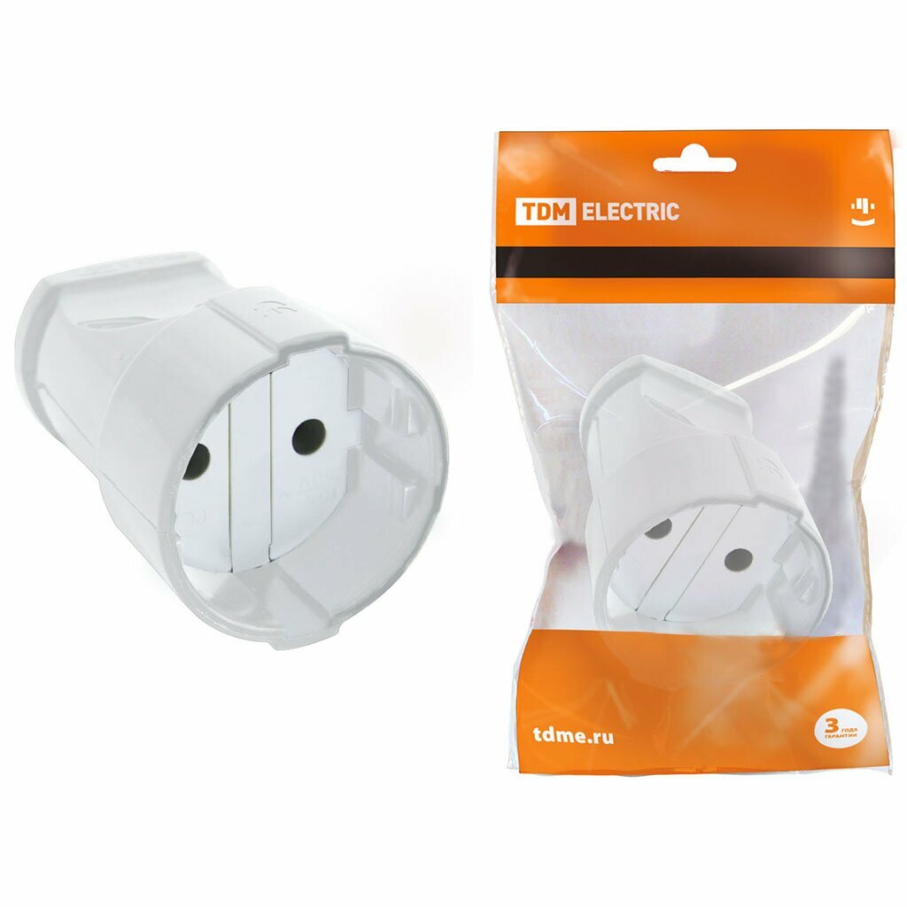 Кабельная розетка 2 полюса, без заземления, 10 А, 250 В, белая, TDM Electric, SQ1806-0129
