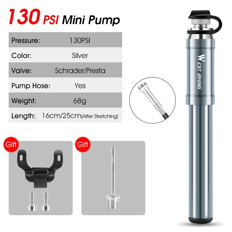 WEST BIKING Портативный велосипедный насос 130 PSI 130 PSI Silver