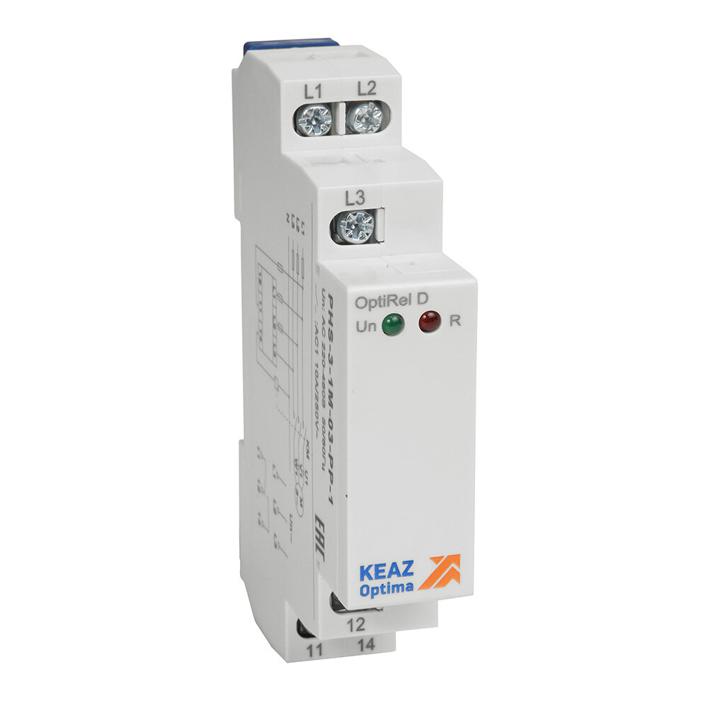 Реле контроля фаз КЭАЗ OptiRel D, PHS-3-1M-03-PP-1, чередования и обрыва фаз, 3 фазы, 1СО