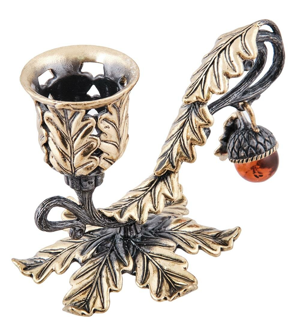 Подсвечник Народные промыслы "Дубовая веточка", латунь, янтарь, настольный, без свечи