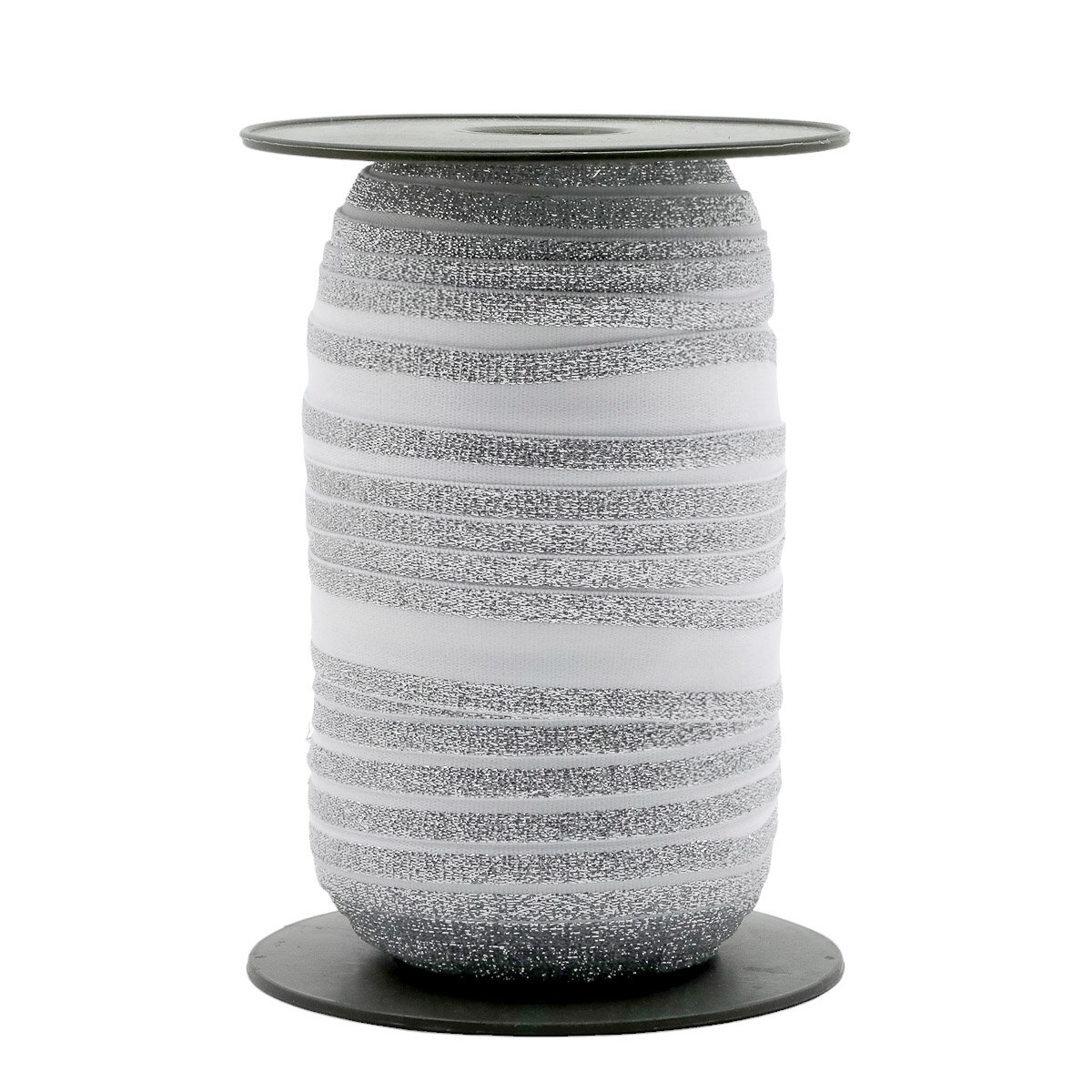 Резинка метализированная 12,53 гр/м, эластичность 120%, 24мм*25м (белый/серебро)